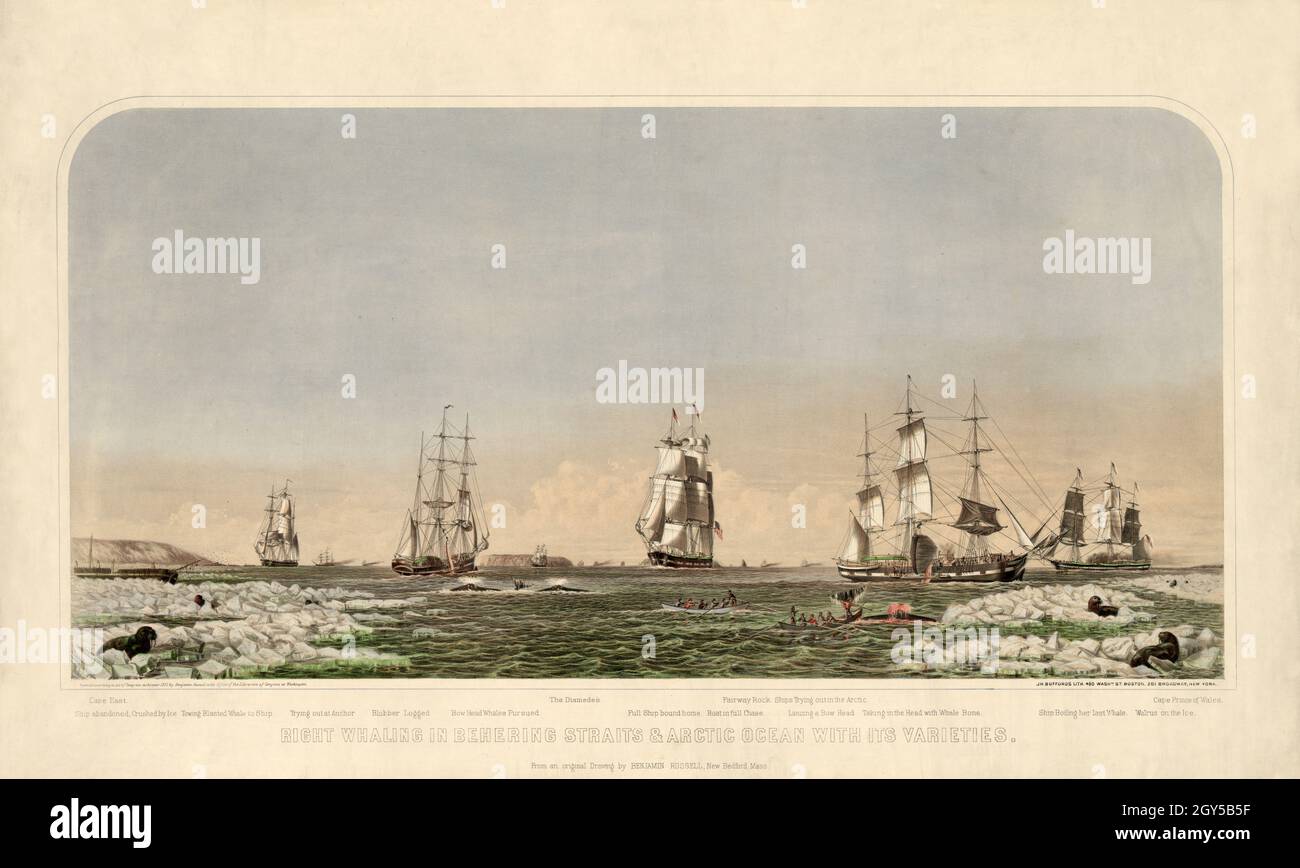 Vintage illustration circa 1871 showing American whaling ships and ...