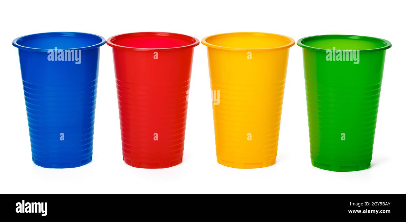 Colored plastic cups isolated on white background Stock Photo - Alamy