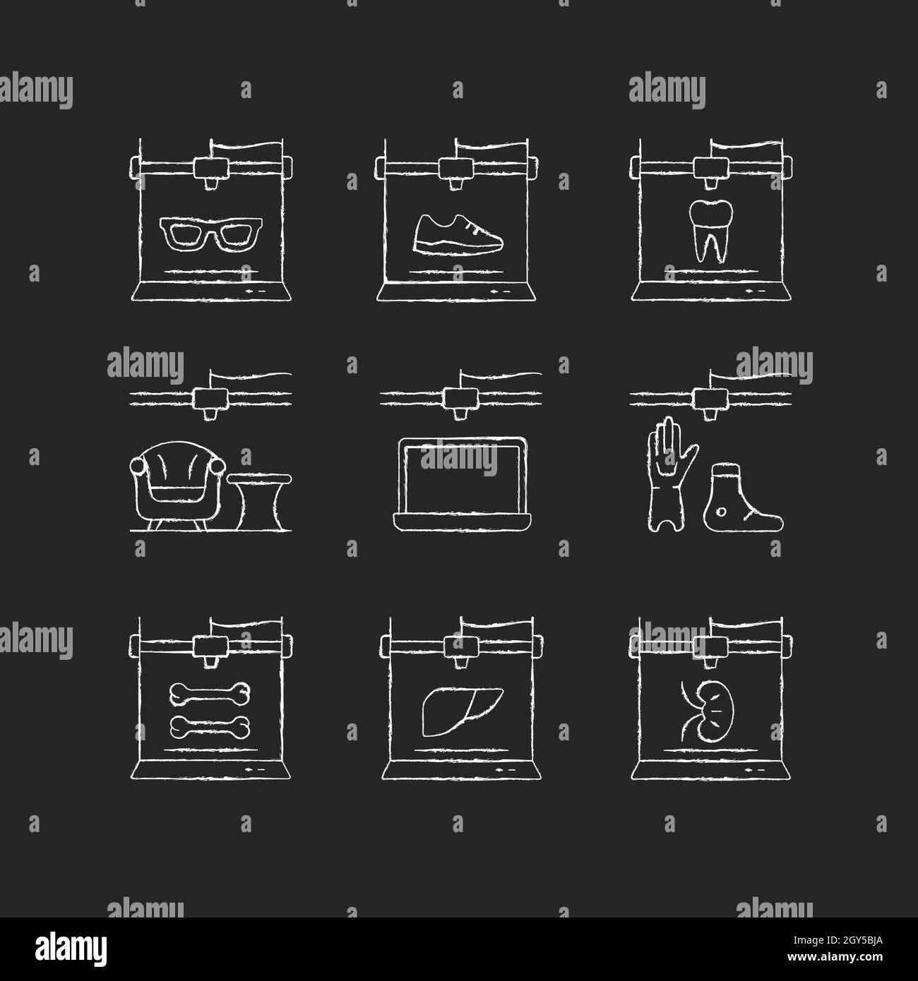 Additive manufacturing chalk white icons set on dark background Stock ...