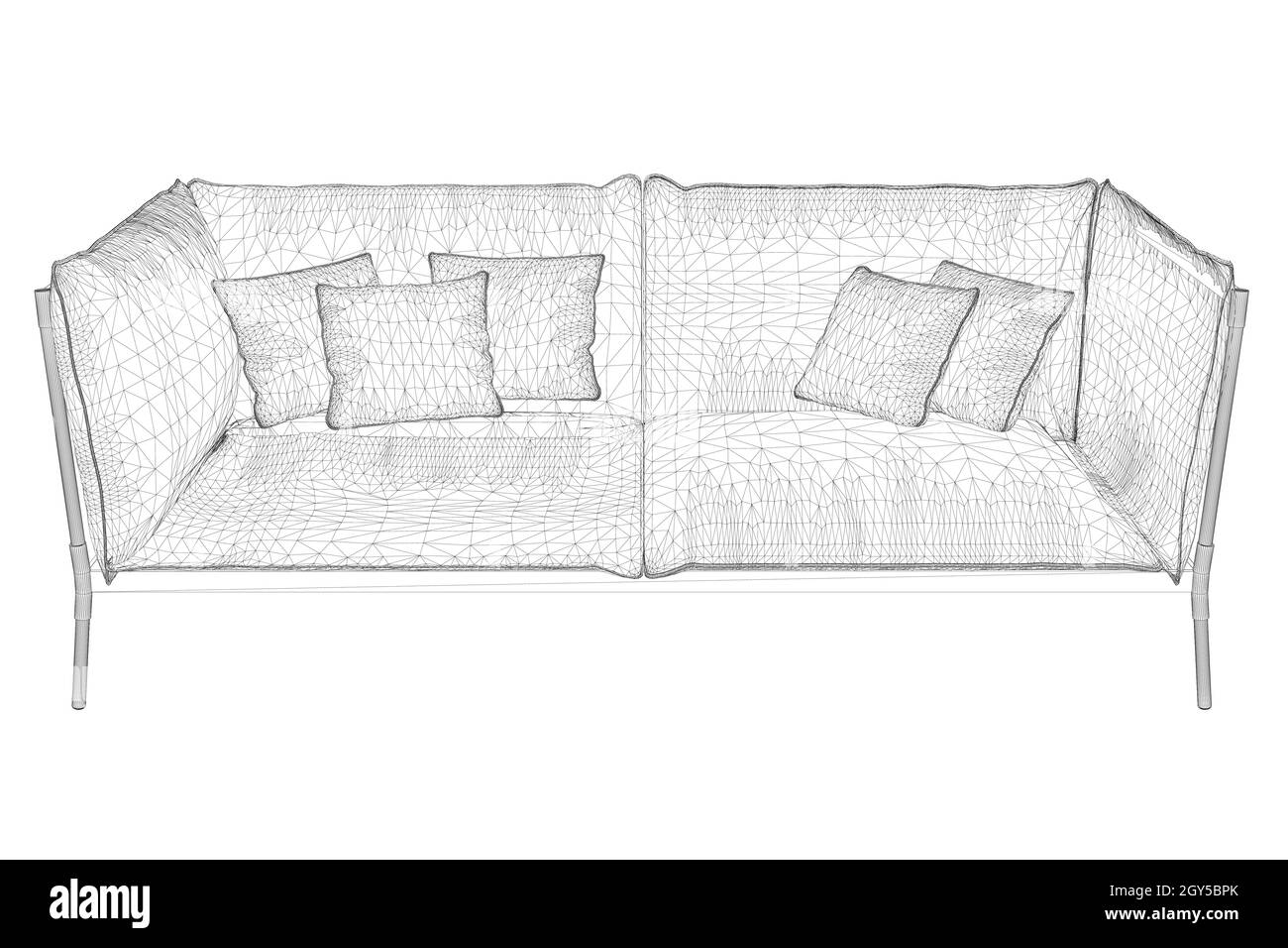 Sofa wireframe with pillows from black lines isolated on white background. 3D. Vector ...