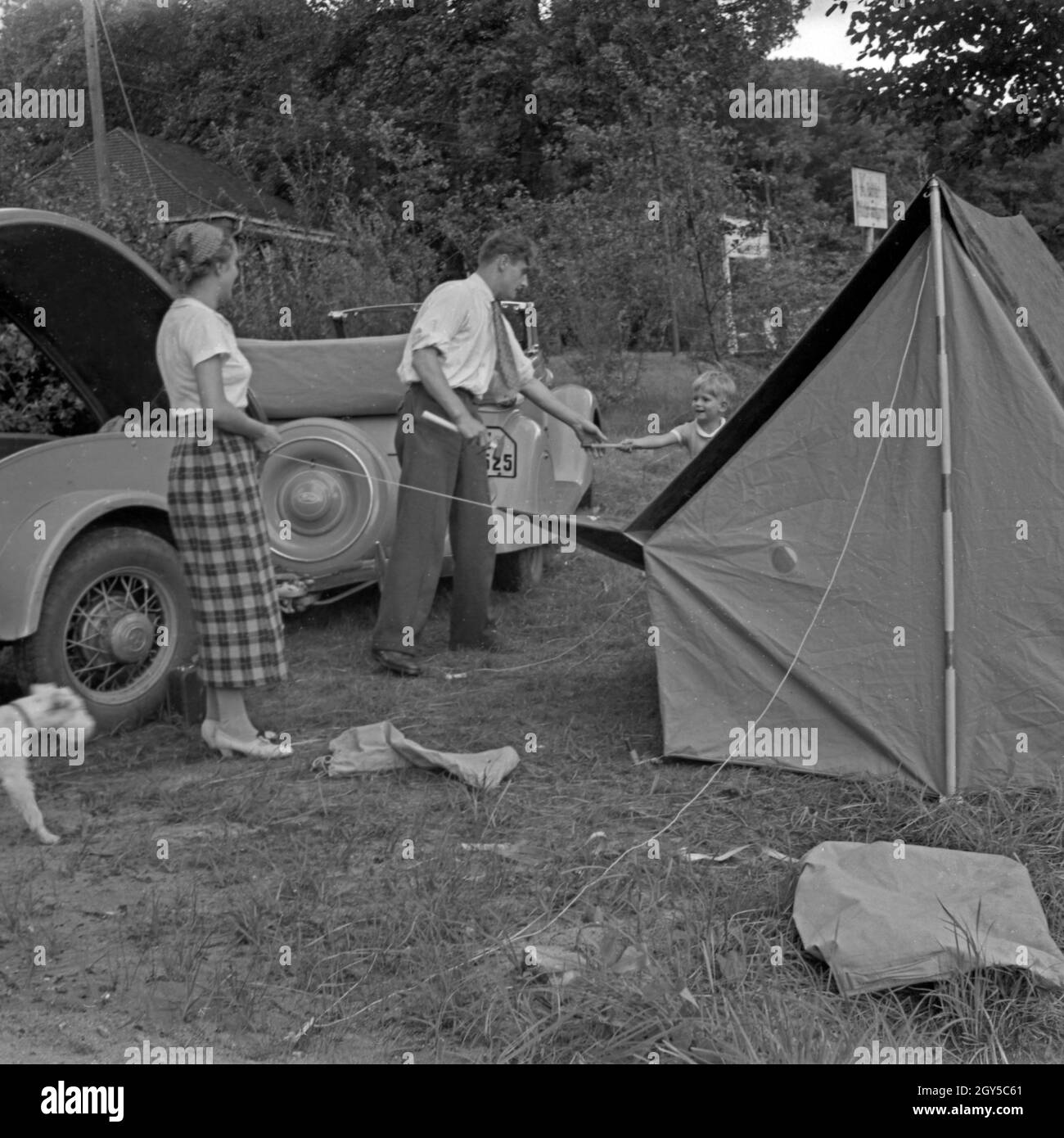 Ein kleiner Junge hilft beim Aufbau des Klepper Zelts, Deutschland ...