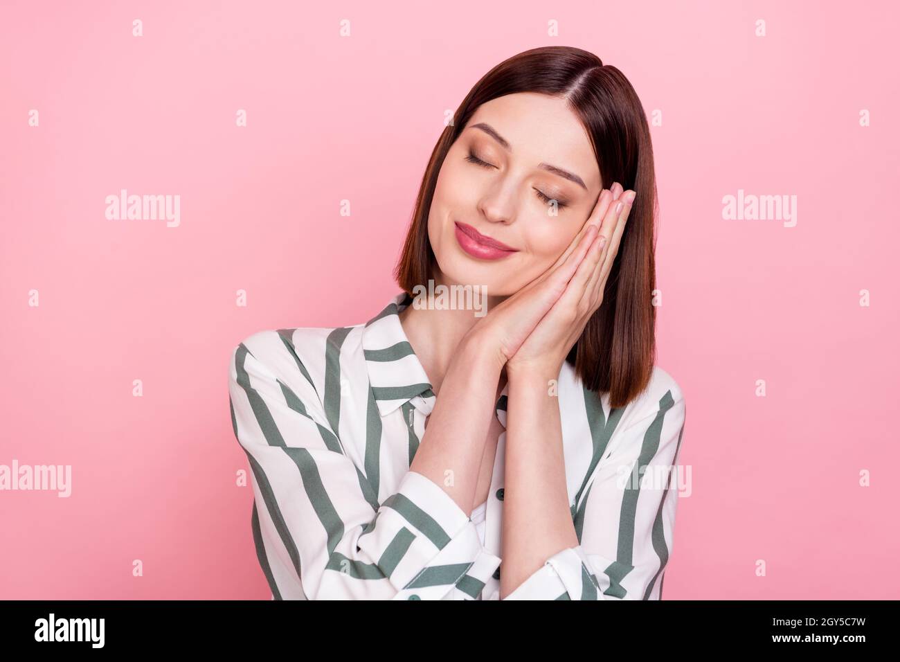 Photo of young pretty girl happy positive smile hands touch cheek sleep ...