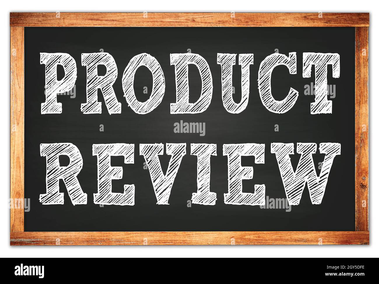 PRODUCT REVIEW written on black wooden frame school blackboard Stock ...