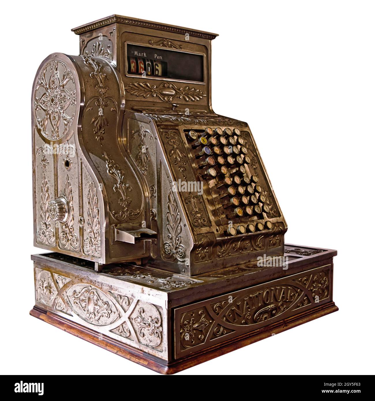 Old-time cash register isolated on white background. Old-fashioned ...