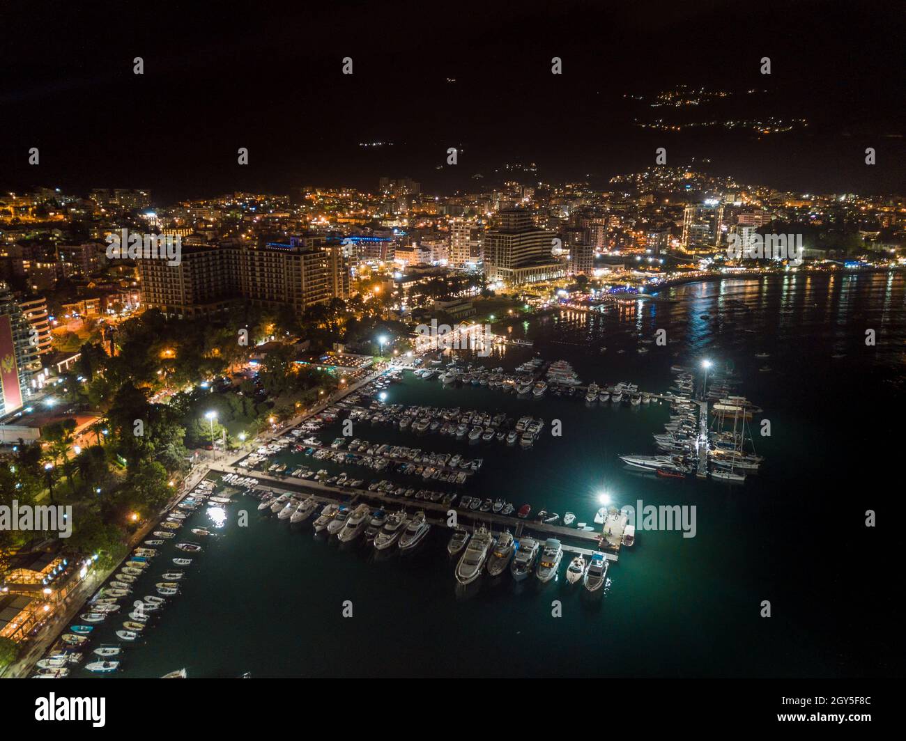 Aerial view of harbor in Budva in the night Stock Photo - Alamy