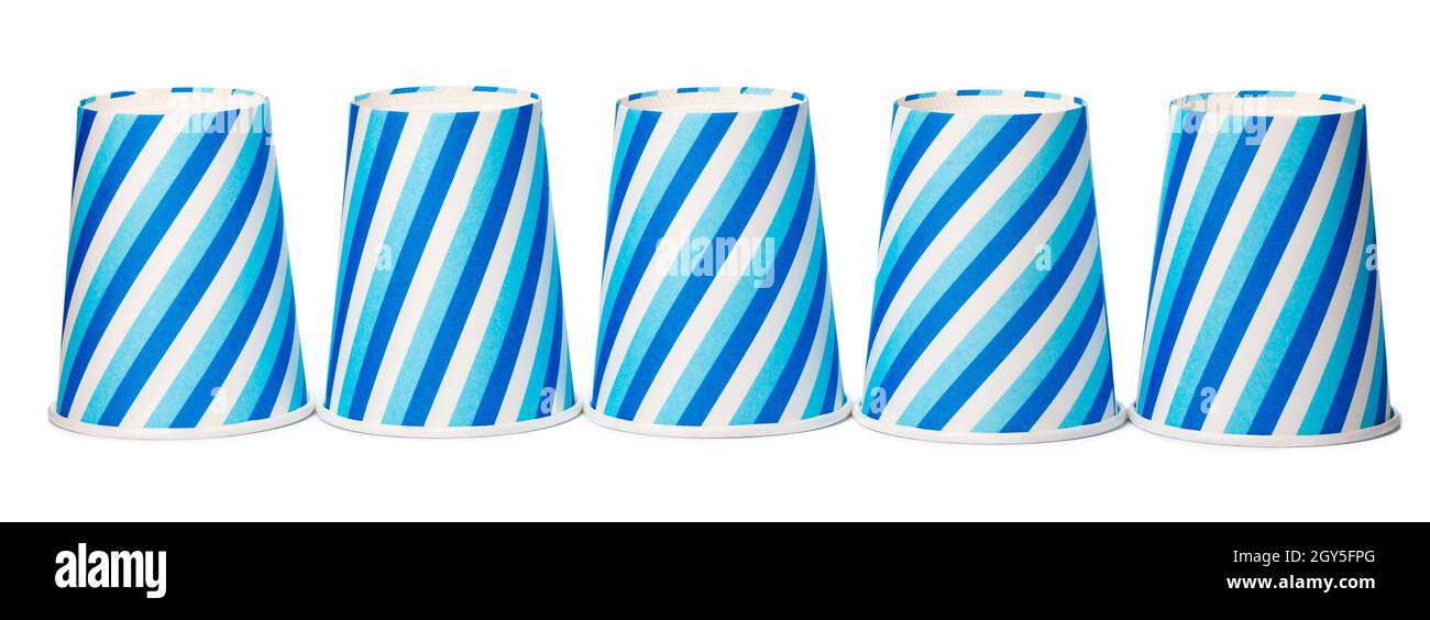 Cardboard cups decorated with blue lines pattern isolated on white ...