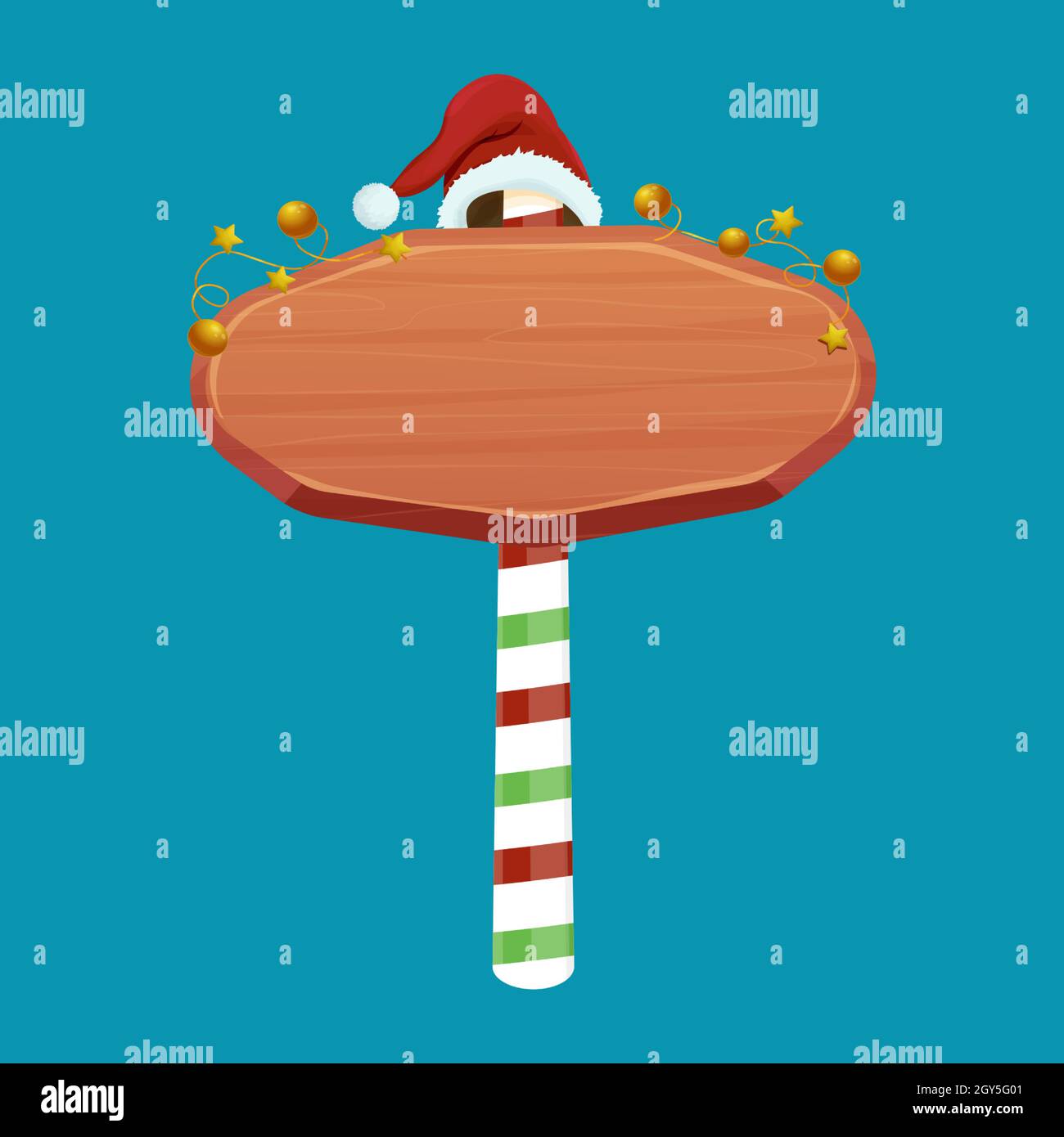 Christmas Wooden Signboard Road Sign On Striped Stick With Santa Hat