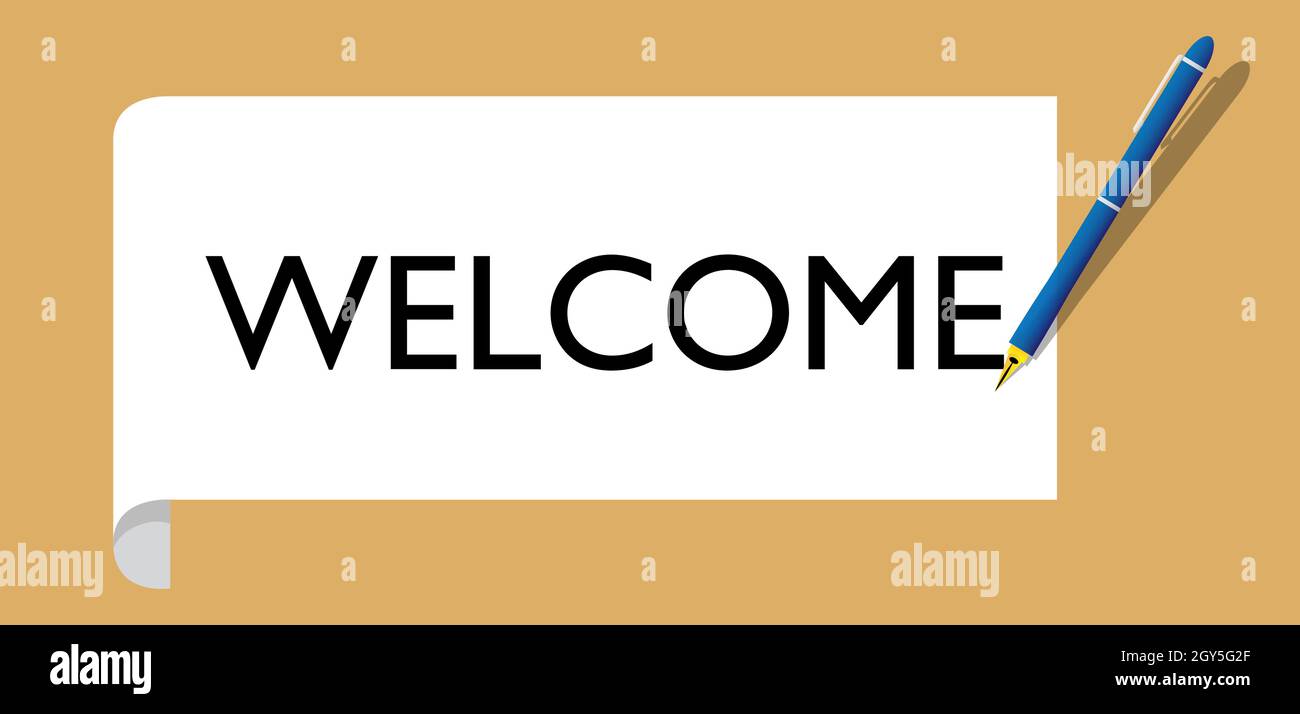 Welcome text on white paper with pen.Cartoon vector illustration Stock ...