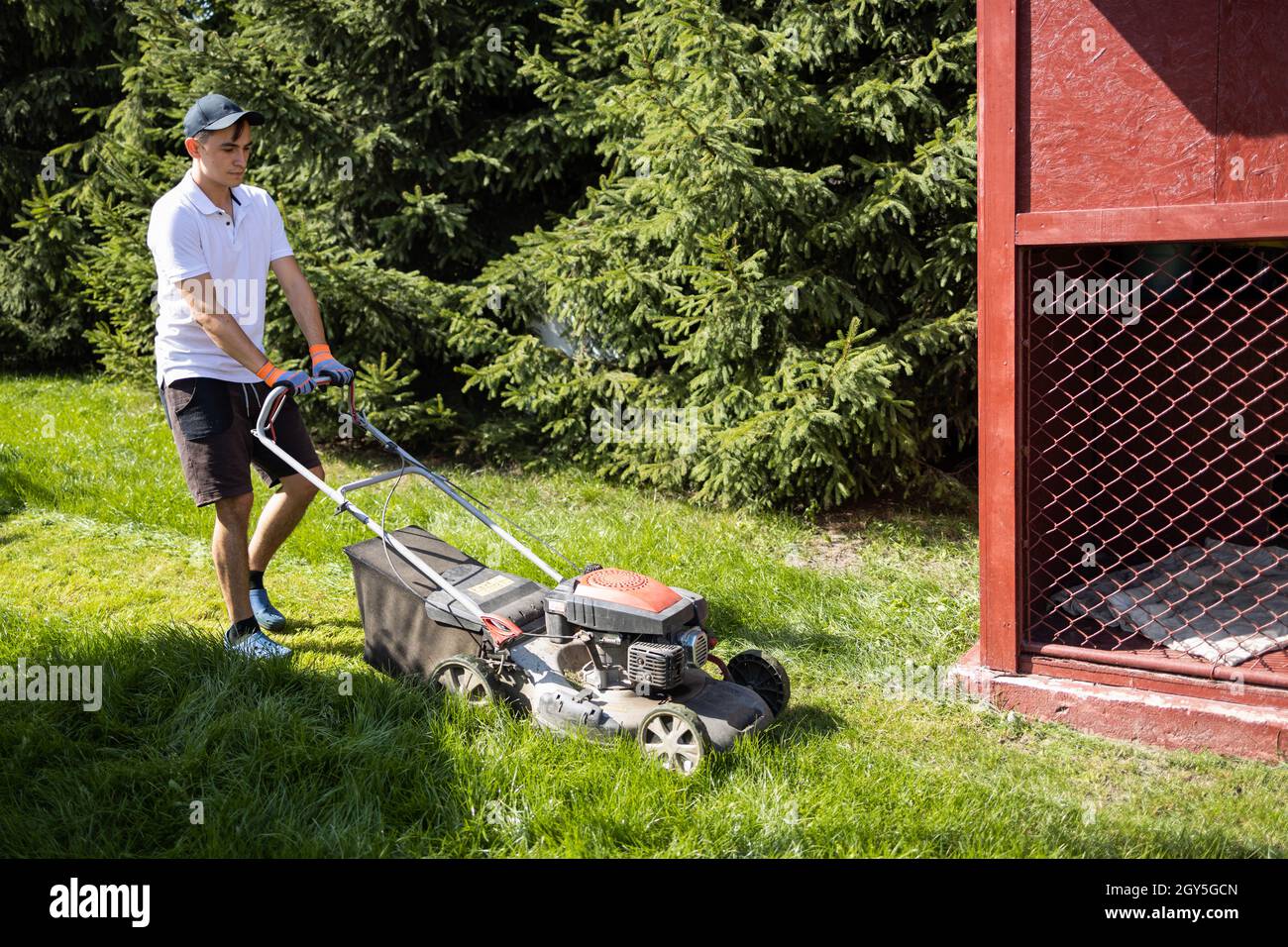 Young man using a gasoline lawn mower Stock Photo - Alamy