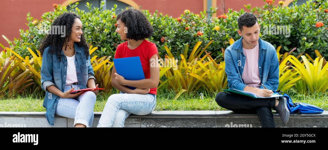 Small group of latin american students learning and talking at campus ...
