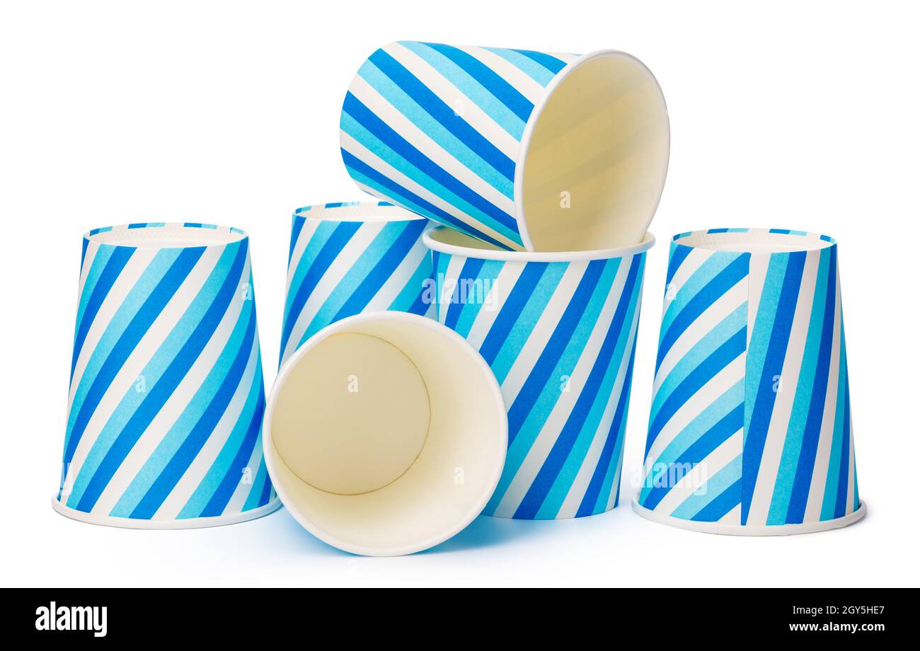 Cardboard cups decorated with blue lines pattern isolated on white ...