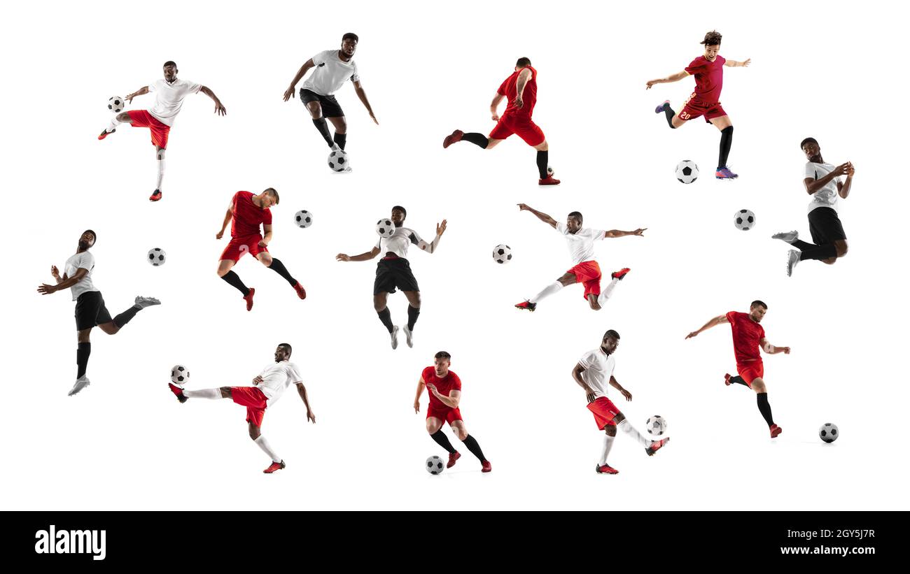 Collage made of professional football soccer players with ball in ...