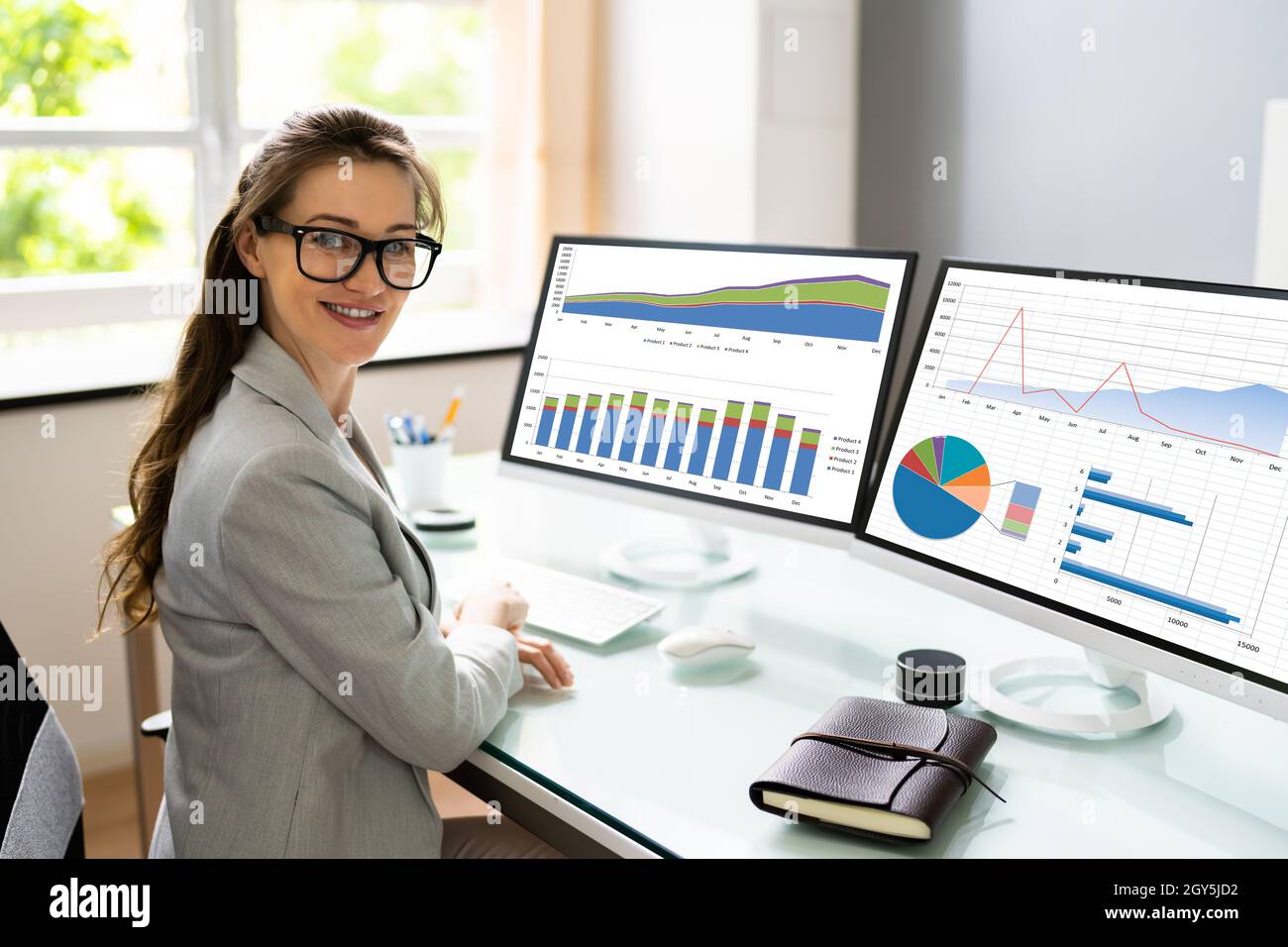 Business Data Analytics. Analyst Woman Using Multiple Screens Stock ...