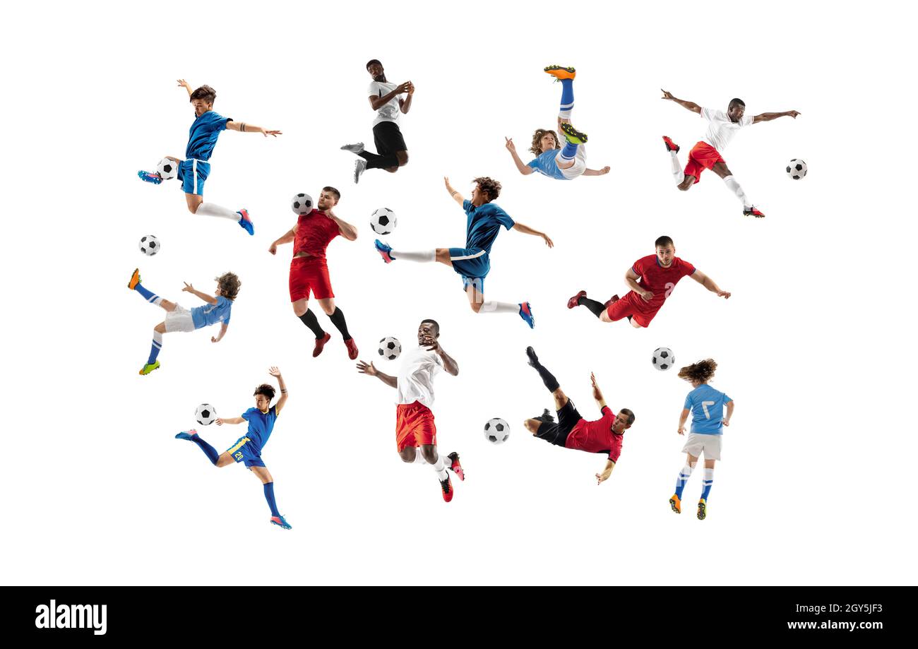 Collage made of professional football soccer players with ball in ...