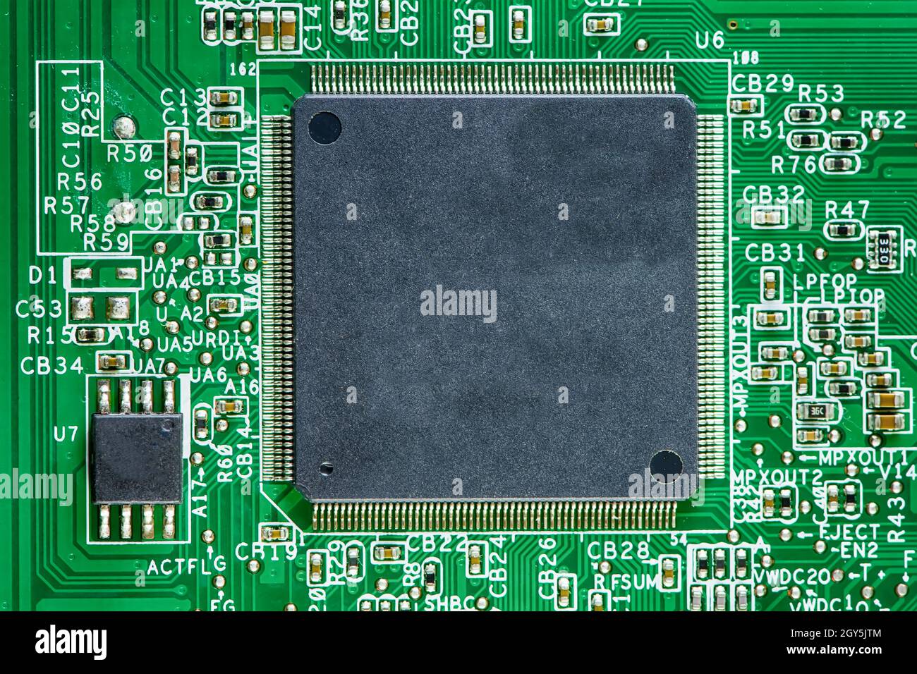 The components of the motherboard. Include chip, ic, cpu socket, heatsink and many port Stock ...