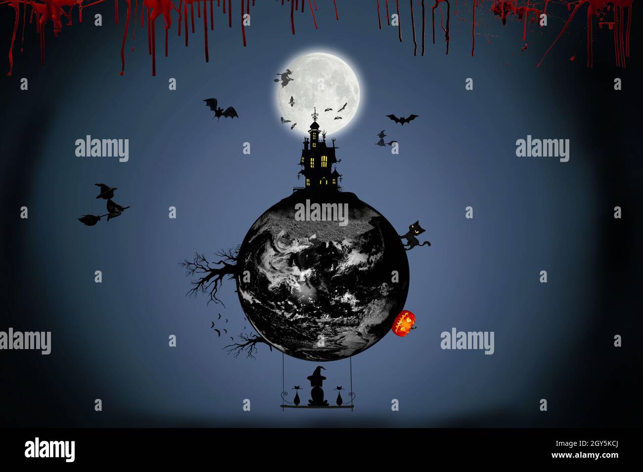 Halloween Concept background with castle, moon, pumpkin, witches, cat ...