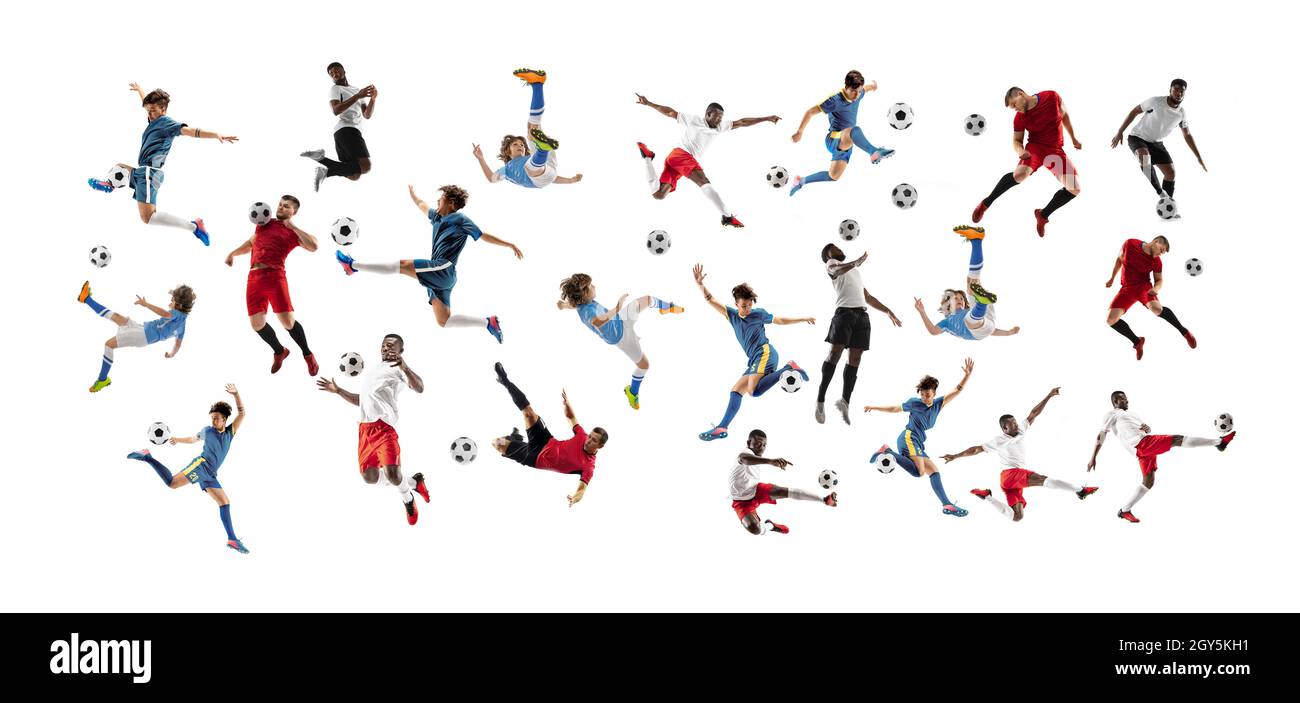 Collage made of professional football soccer players with ball in ...