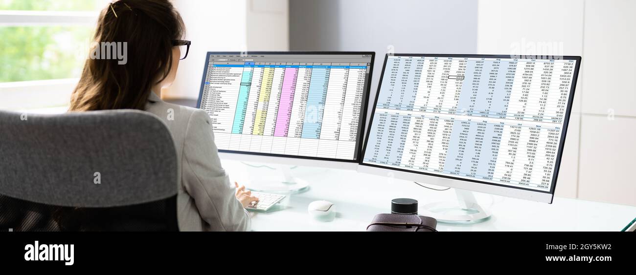 Spreadsheet Analyst Employee Using Computer Monitors For Analysis Stock ...