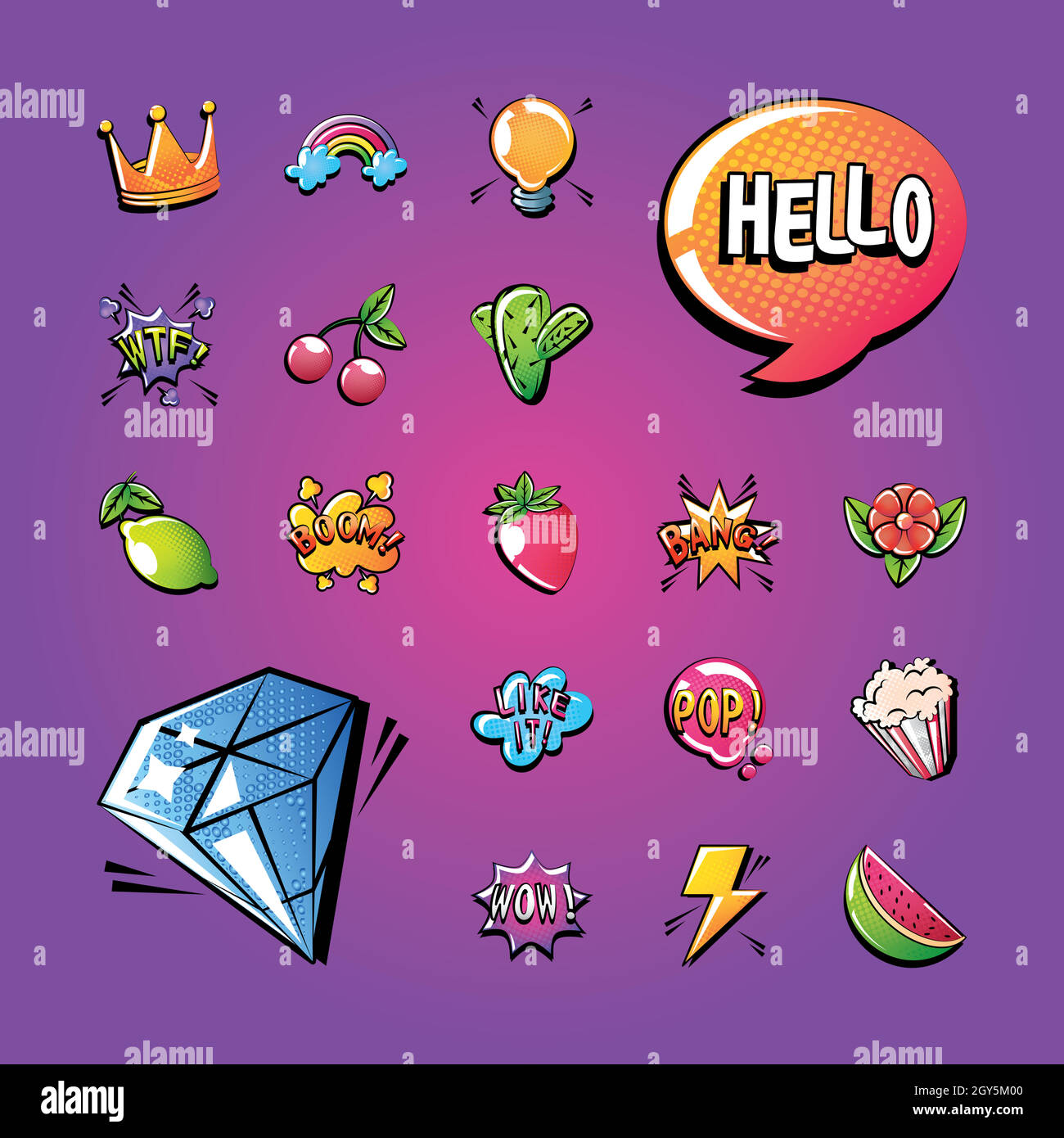 set of icons pop art style on purple background Stock Vector Image ...