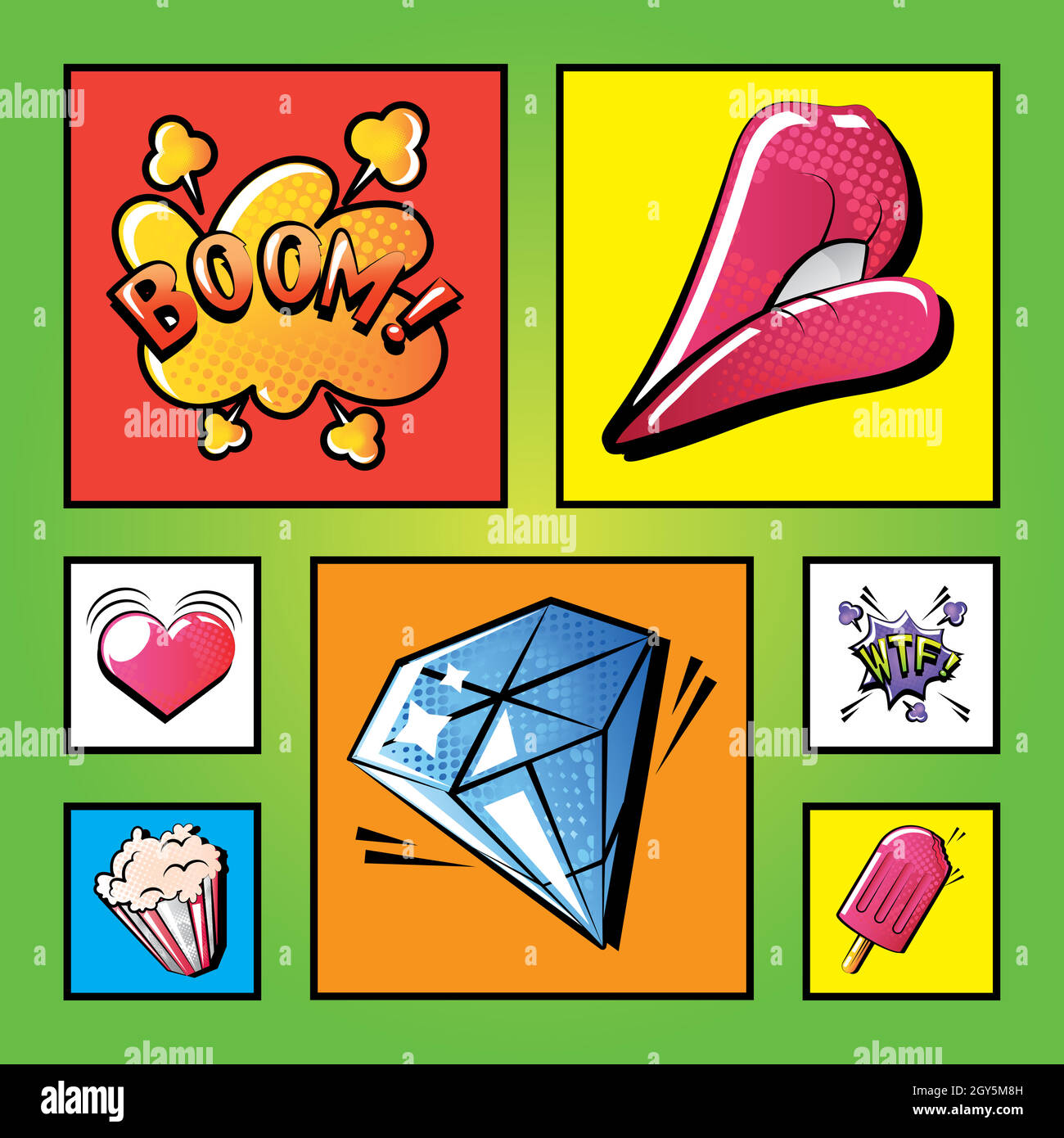 set of icons pop art style on green background Stock Vector Image & Art ...