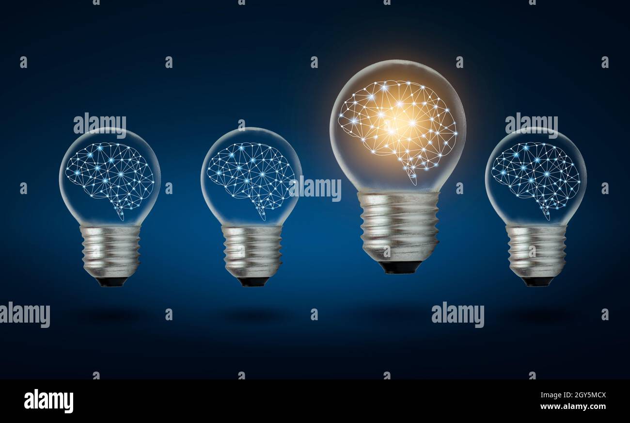 different Light bulb idea Many bulbs are arranged in a row and one of ...