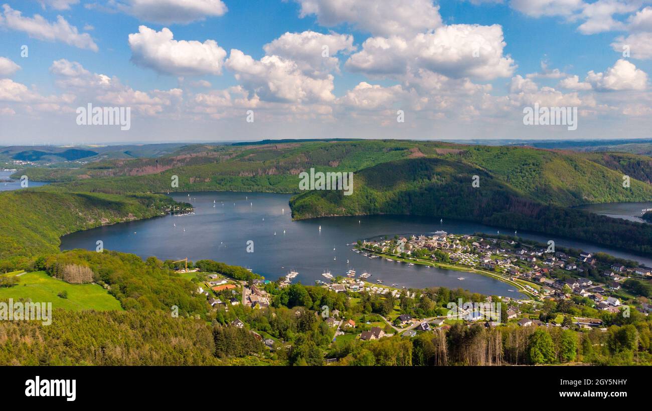 Aerial view of the Rursee in the Eifel region, Germany with Woffelsbach ...