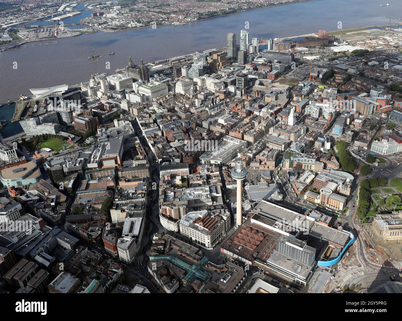 aerial view of Liverpool city centre looking west from St Johns Beacon ...