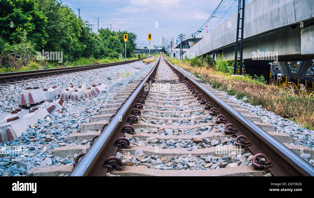 Empty railway with no train and people, selective focus and vintage ...