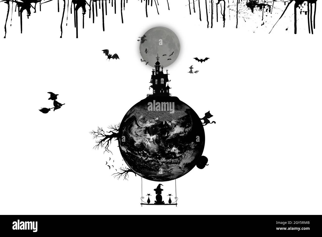 Halloween Concept background with castle, moon, pumpkin, witches, cat ...