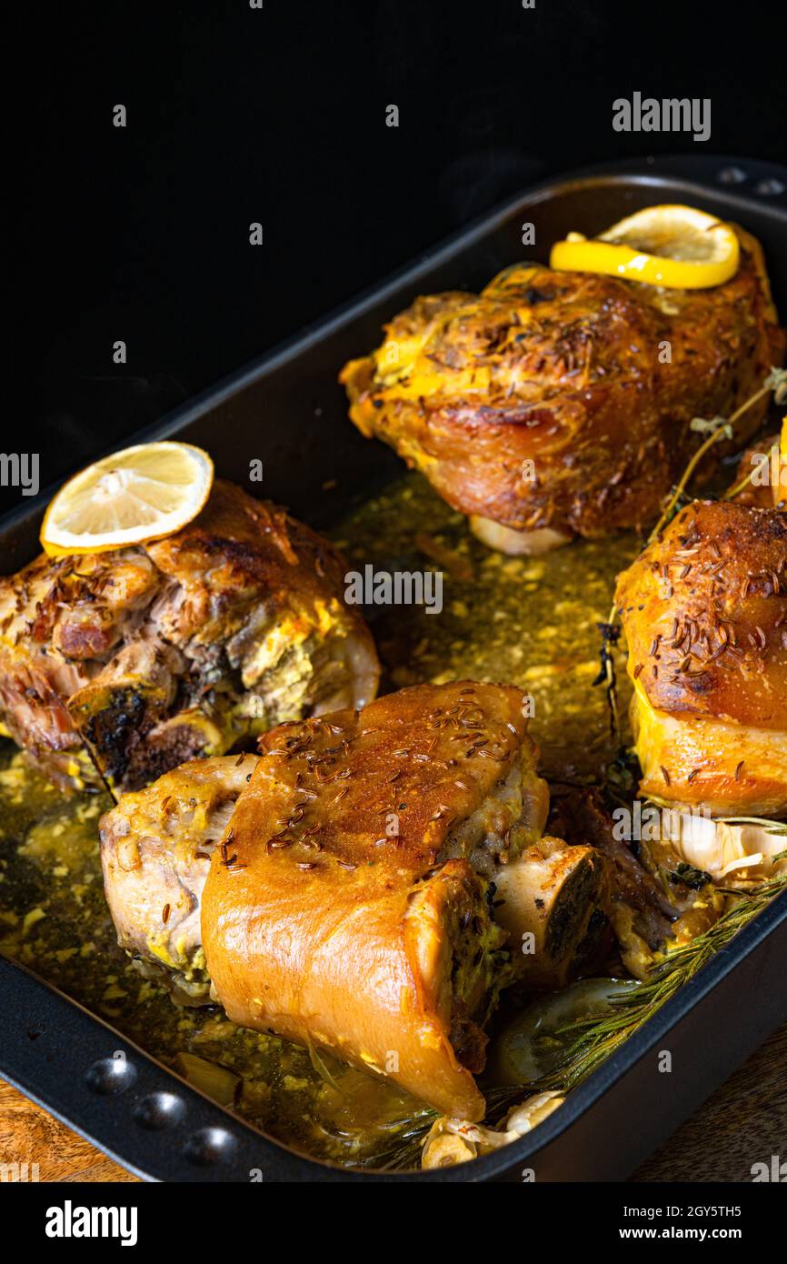 Crispy roasted pork knuckles from the oven Stock Photo - Alamy
