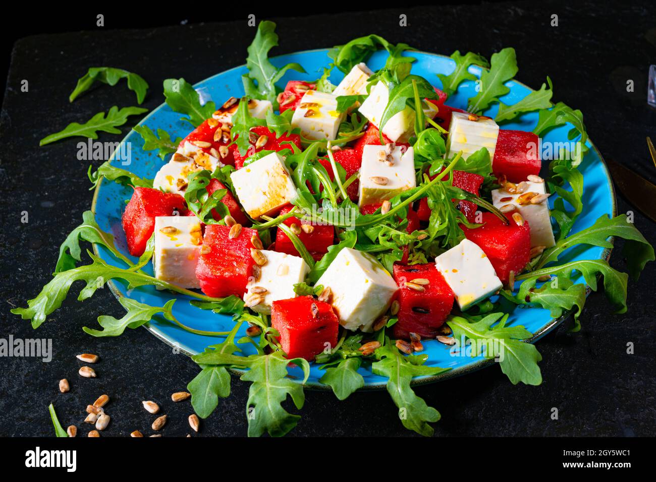 Watermelon Salad with Rocket And Feta Cheese Stock Photo - Alamy