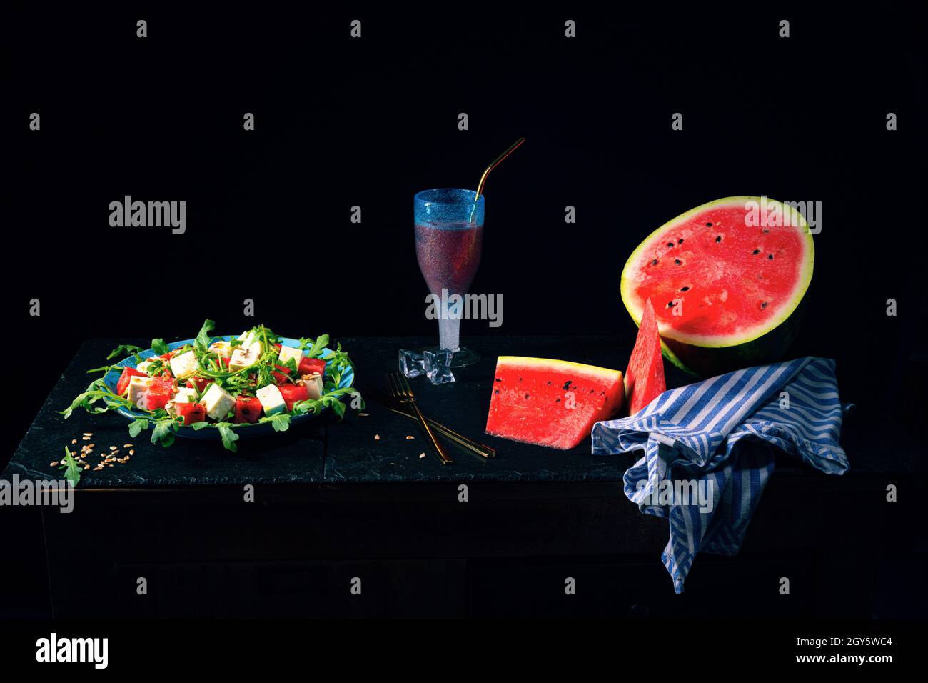 Watermelon Salad with Rocket And Feta Cheese Stock Photo - Alamy