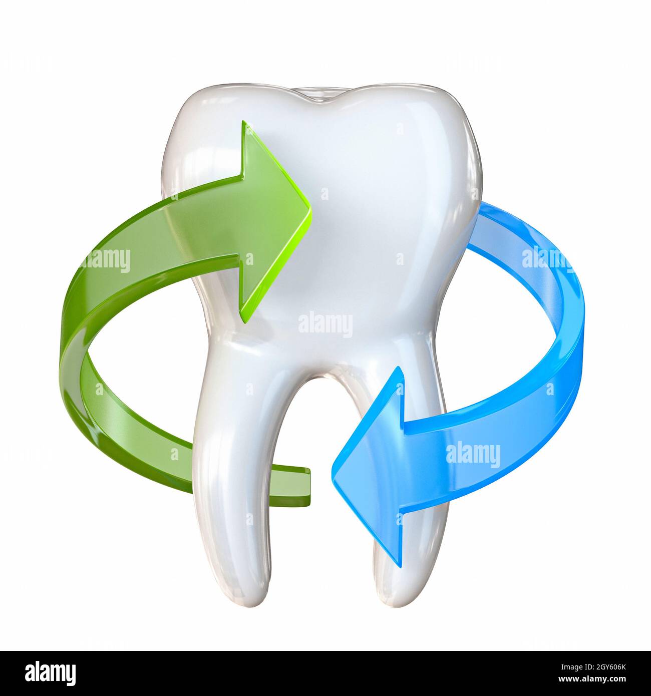 Tooth with blue and green arrows on white 3D render illustration ...