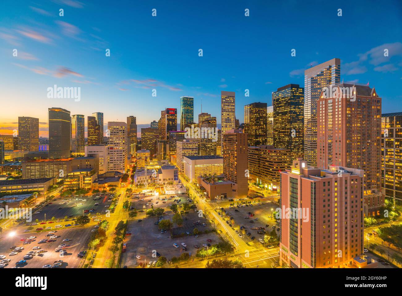 Downtown Houston skyline in Texas USA at twilight Stock Photo - Alamy