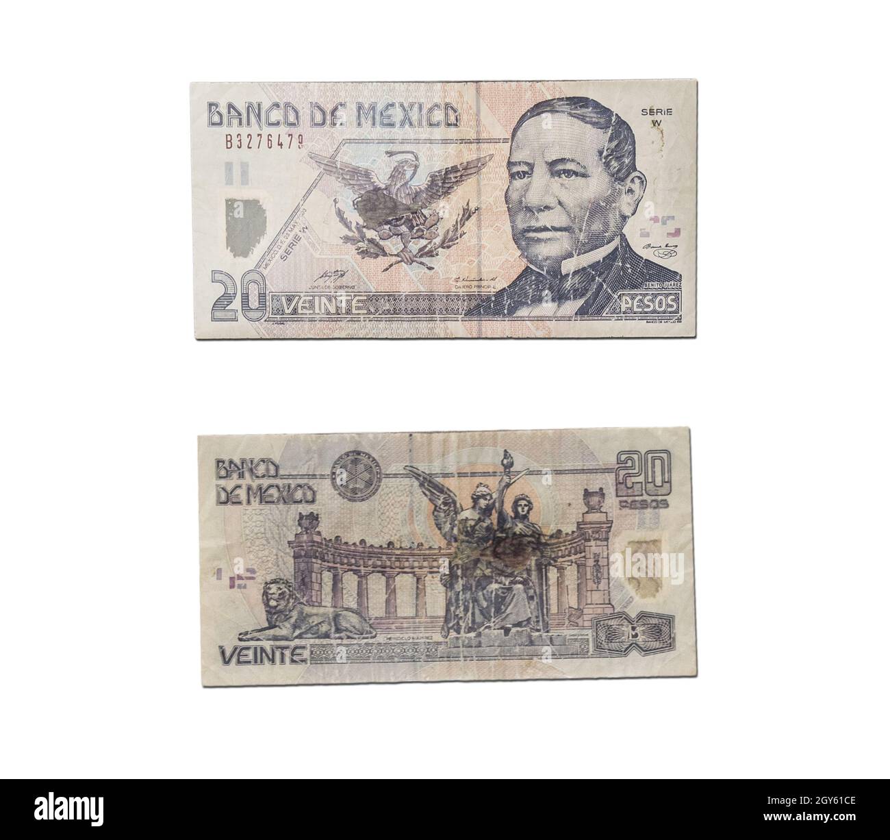 20 Mexican pesos banknotes depicting Benito Juarez on a white table ...