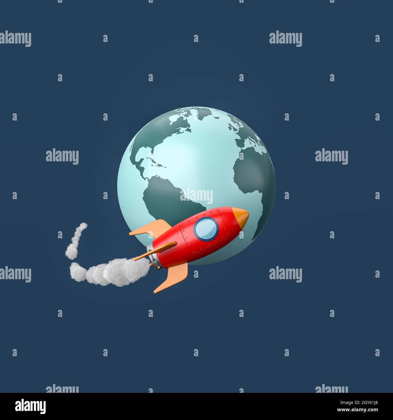 Red Cartoon Spaceship Flying around the Earth Planet Isolated on Flat ...