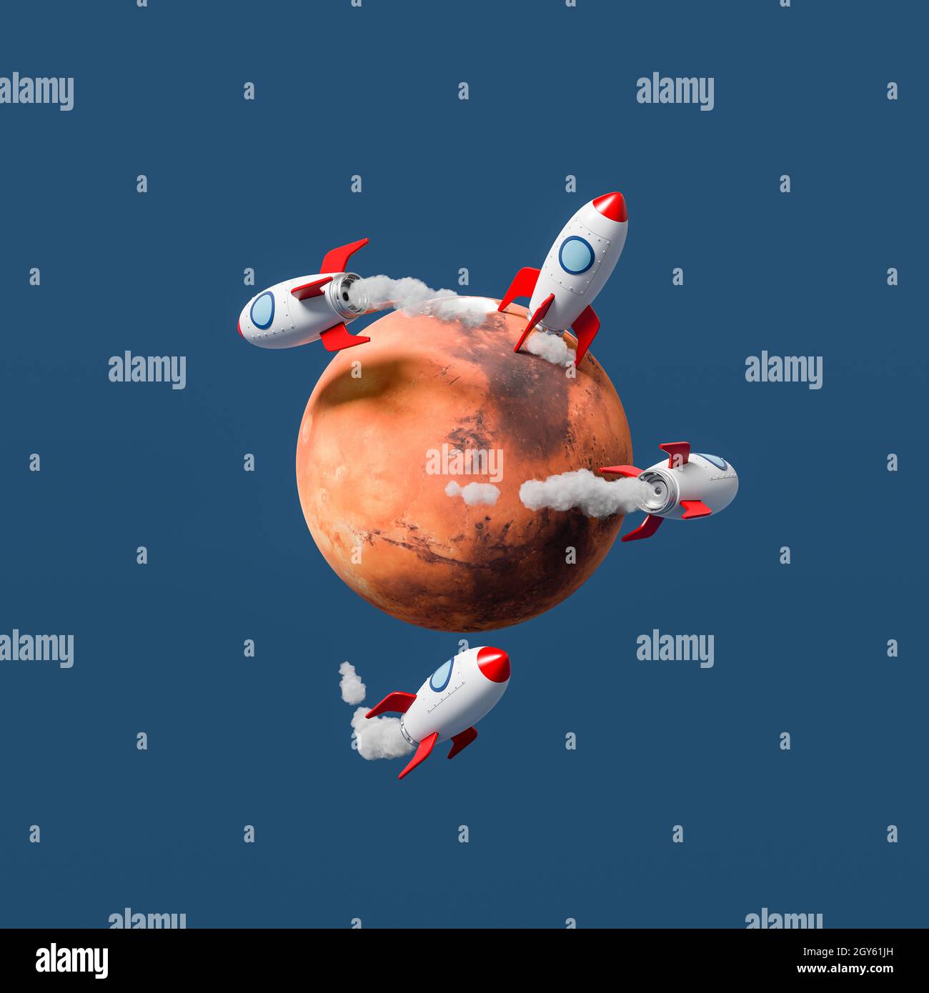 Cartoon Spaceships Flying and Landed on Mars Isolated on Flat Blue ...