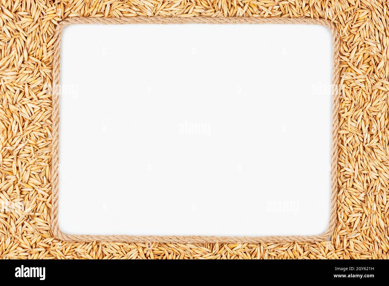 Frame made of rope with oats lying on a white background, with place ...