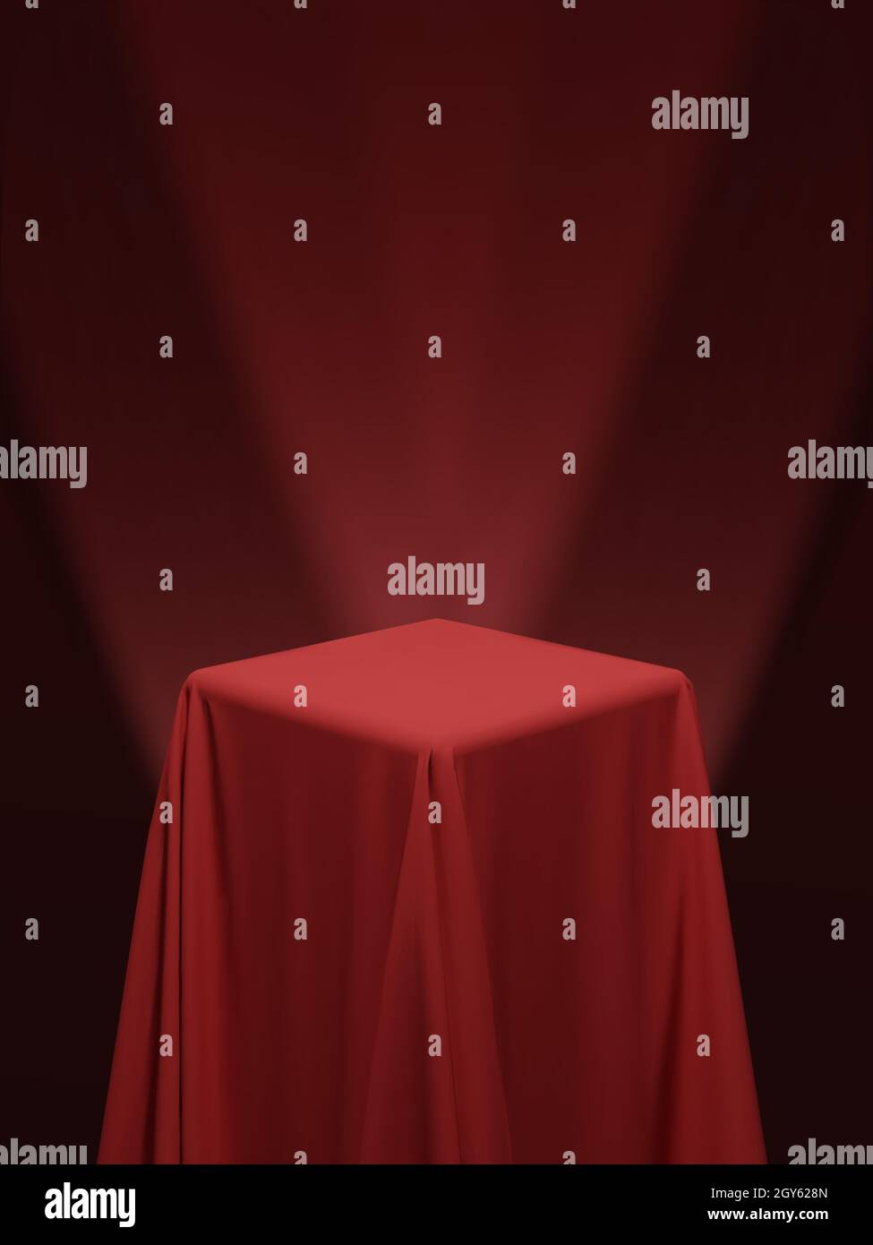 Red fabric covering a cube or a table, with red background and stage ...