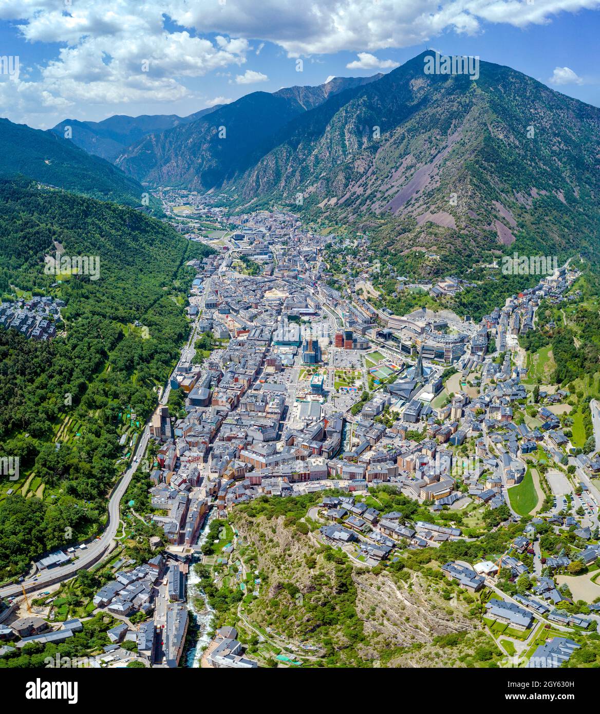 Panoramic aerial view of Andorra la Vieja located in the Pyrenees, at ...