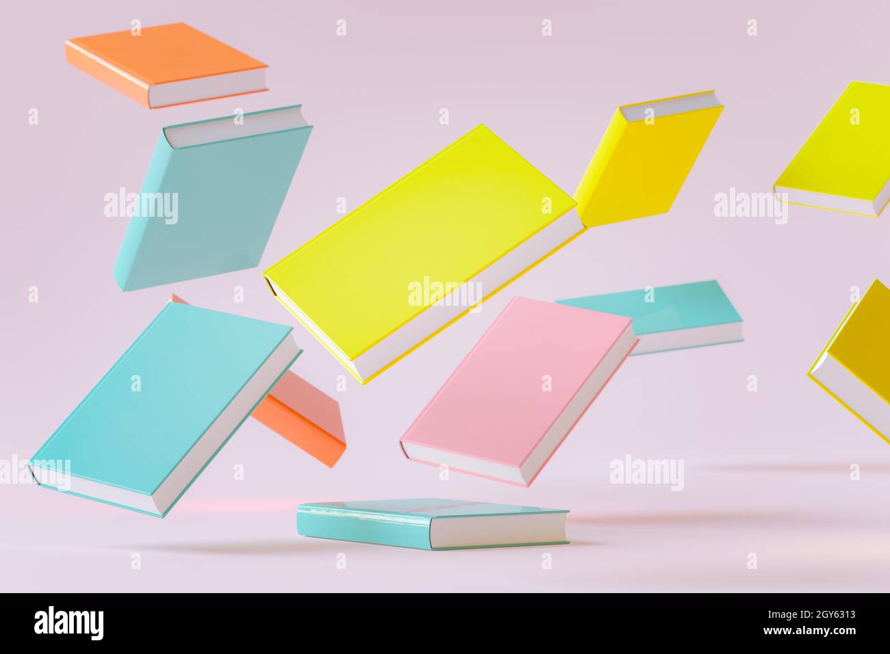 Illustration of pastel colored books flying around, 3D rendering Stock ...