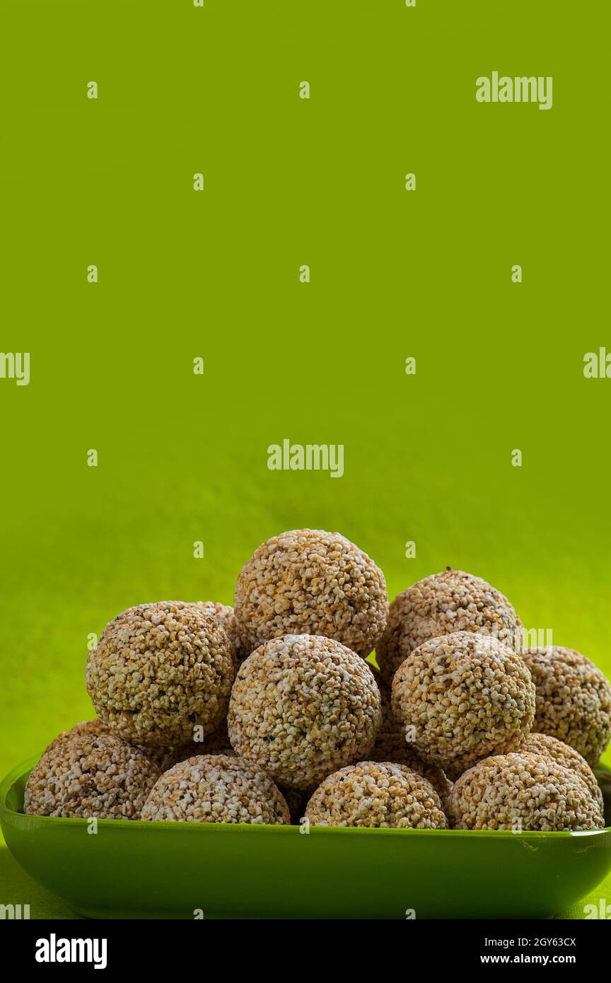 Amaranth or Rajgira laddu, Cholai ke laddo in green plate on green ...