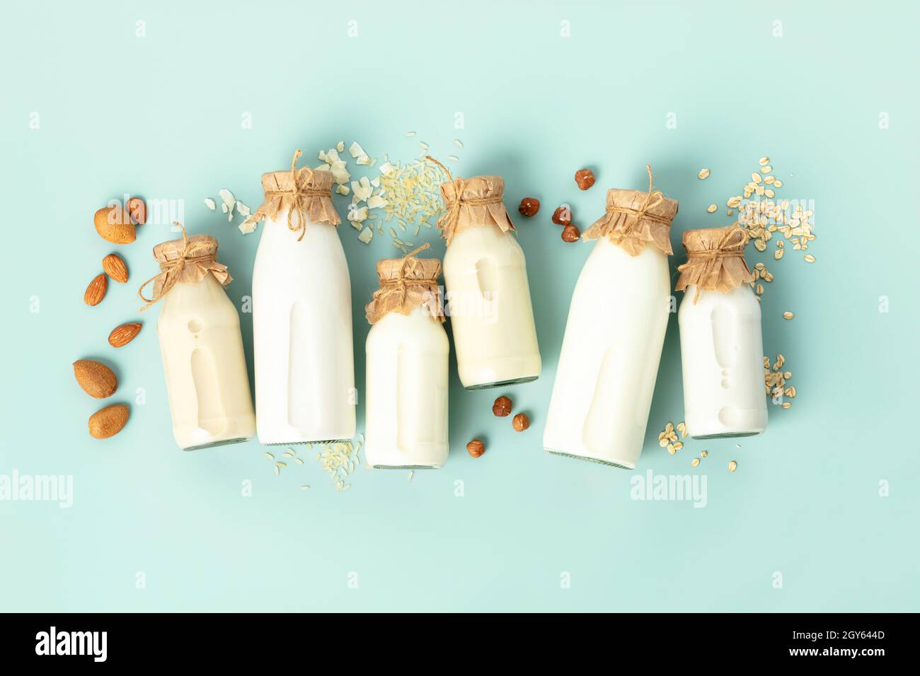 Vegan non dairy plant based milk in bottles and ingredients on ...