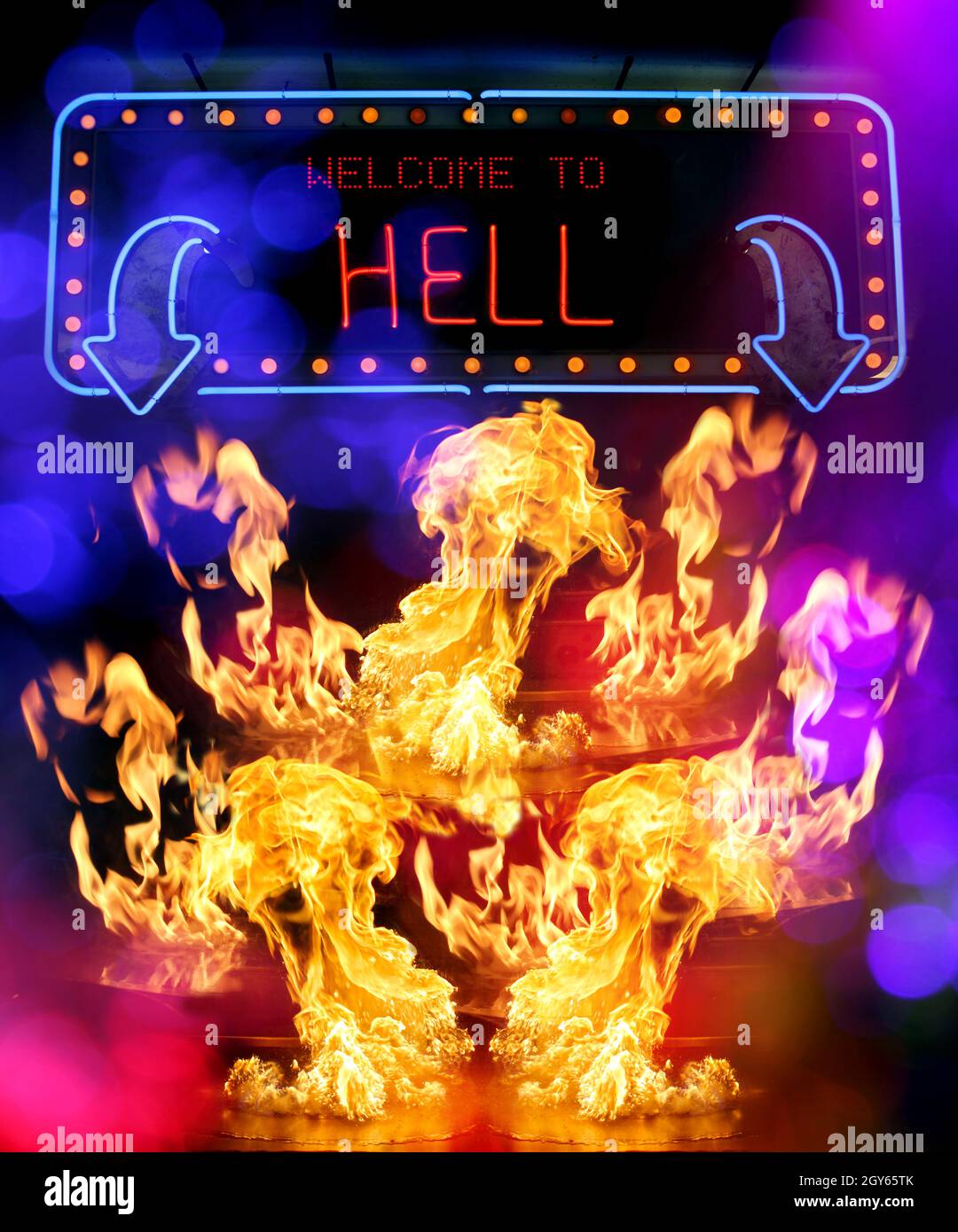 Welcome To Hell Neon Sign With Flames Compoet Stock Photo - Alamy