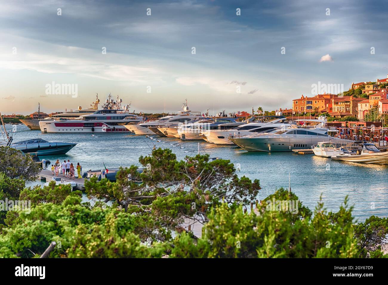 View of the harbor with luxury yachts of Porto Cervo, Sardinia, Italy ...