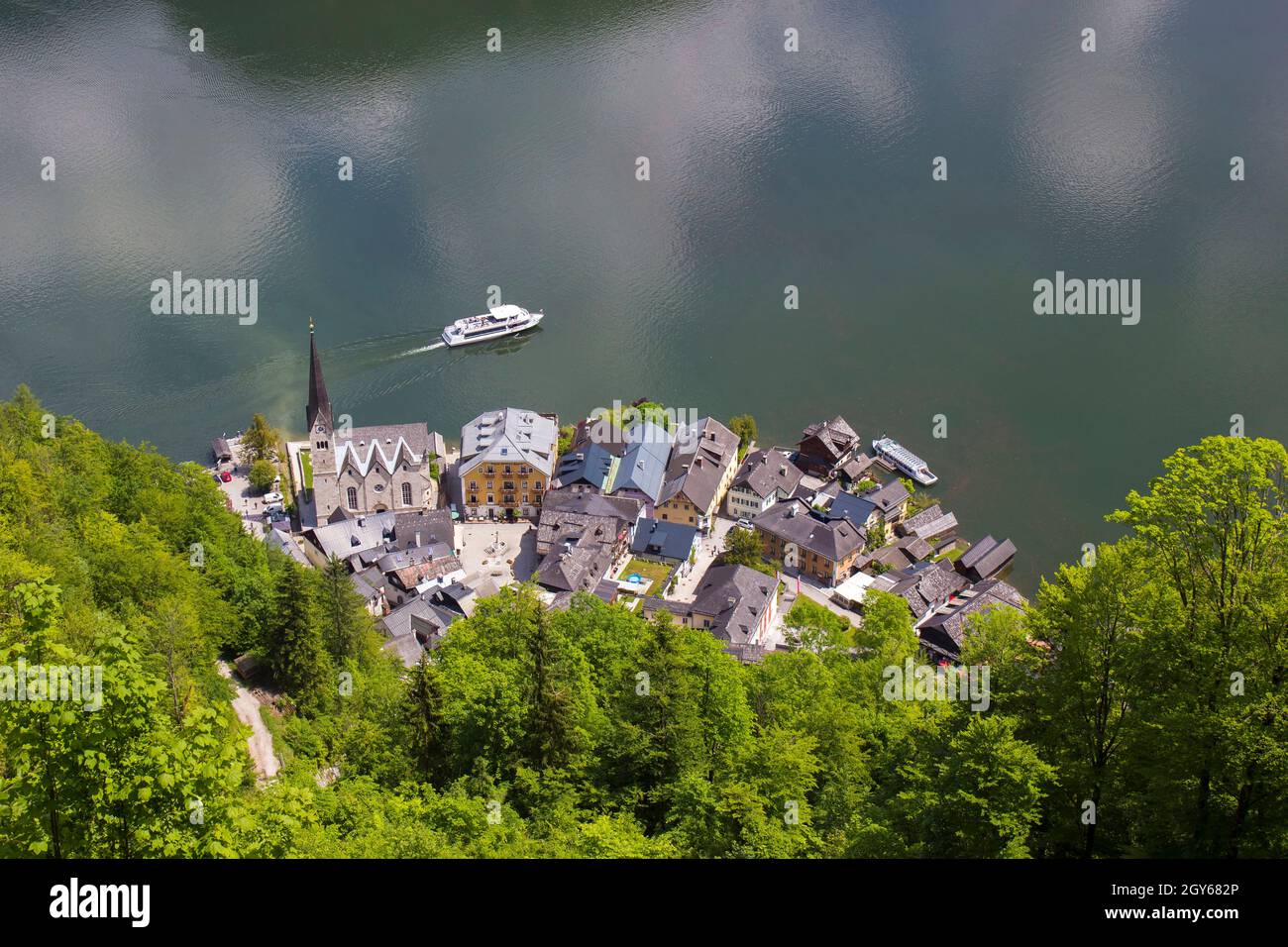 Aerial View of a Hallstatt village with a Hallstatt Lake in Austria ...