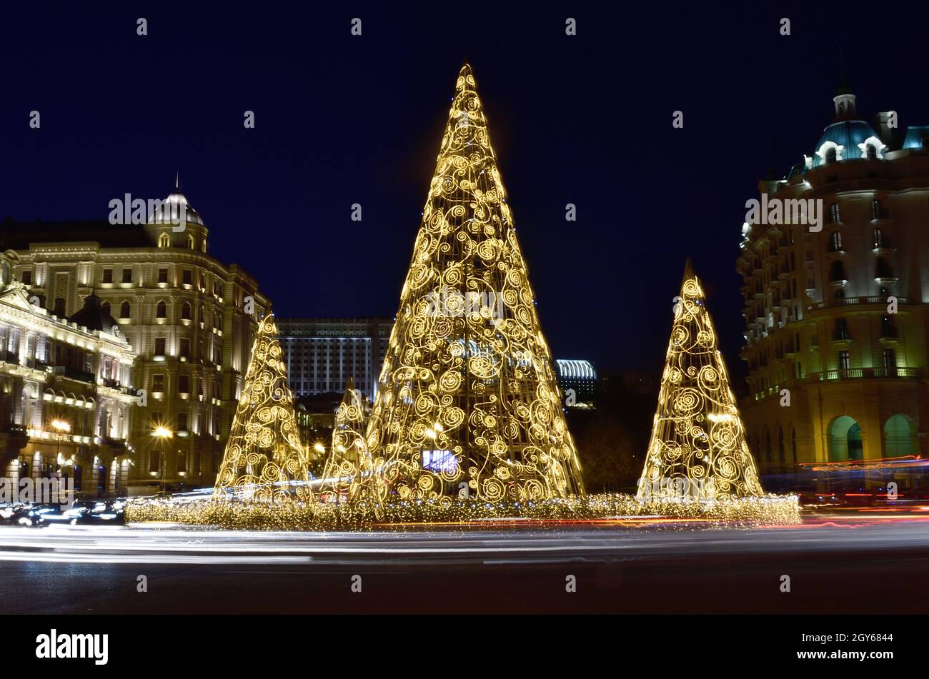 New Year's tree in Baku, which is decorated with light patterns ...