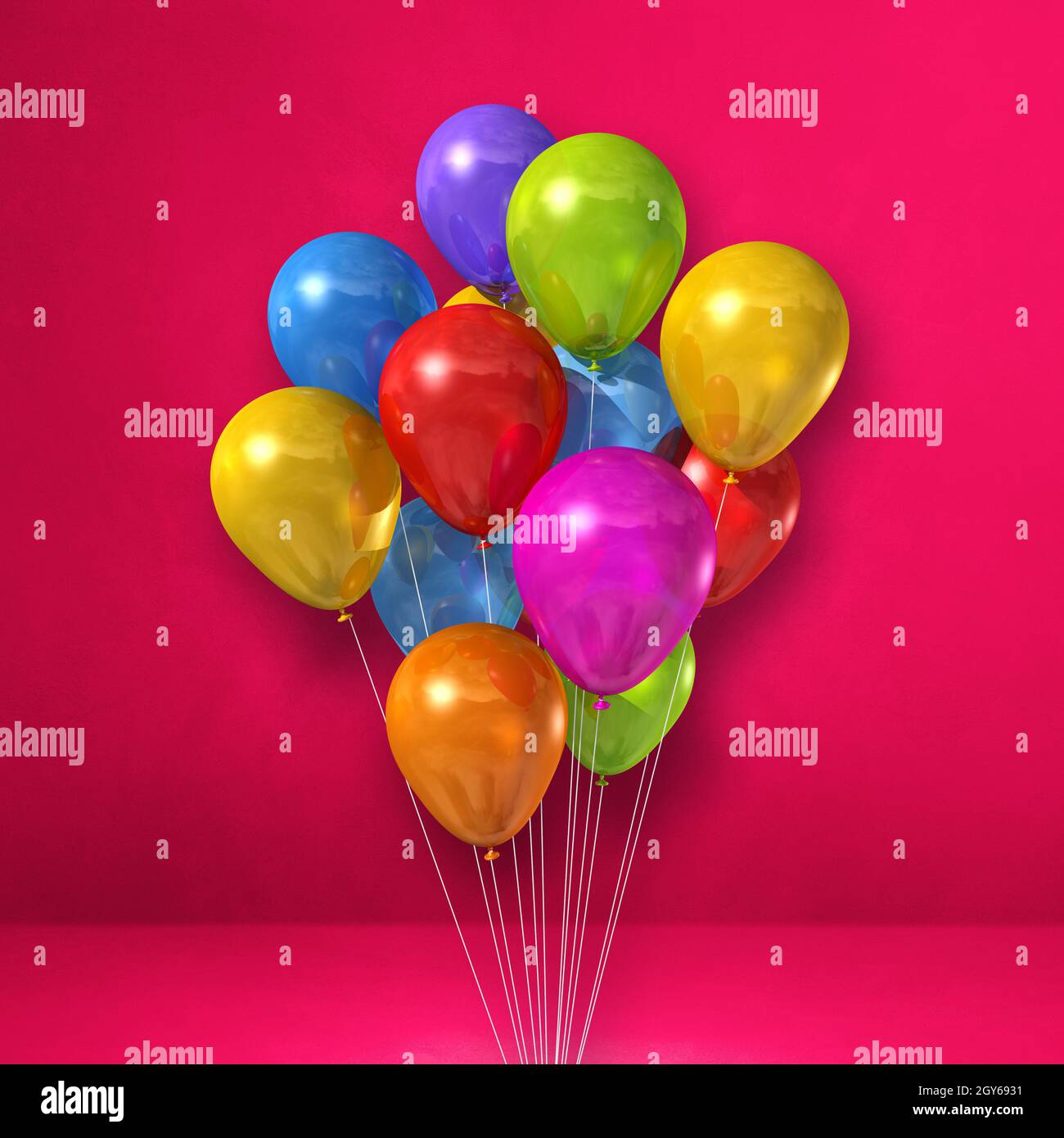 Colorful balloons bunch on a pink wall background. 3D illustration ...