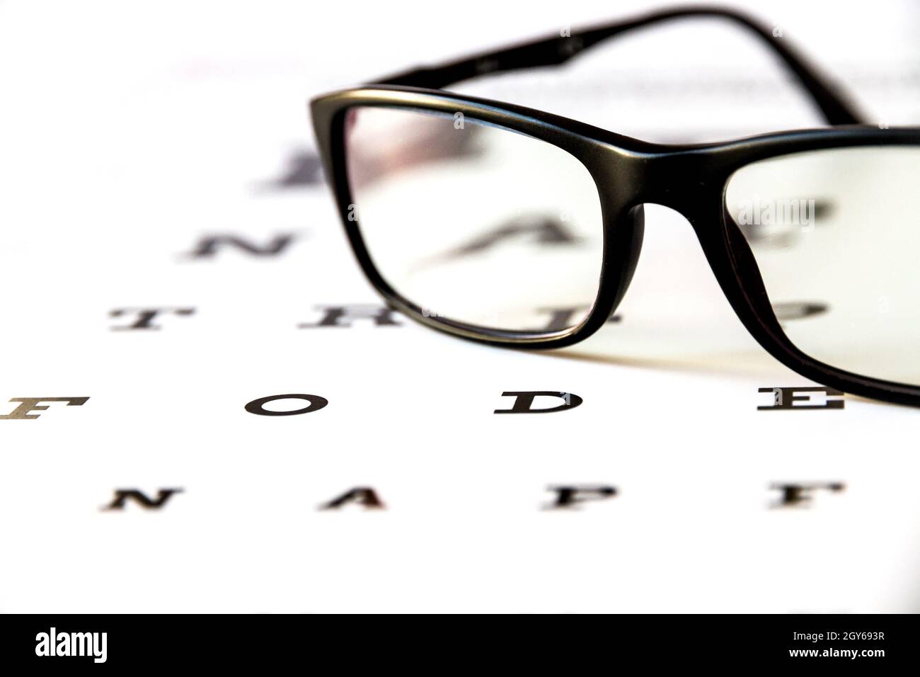 Glasses on eye chart. Optical device background Stock Photo - Alamy