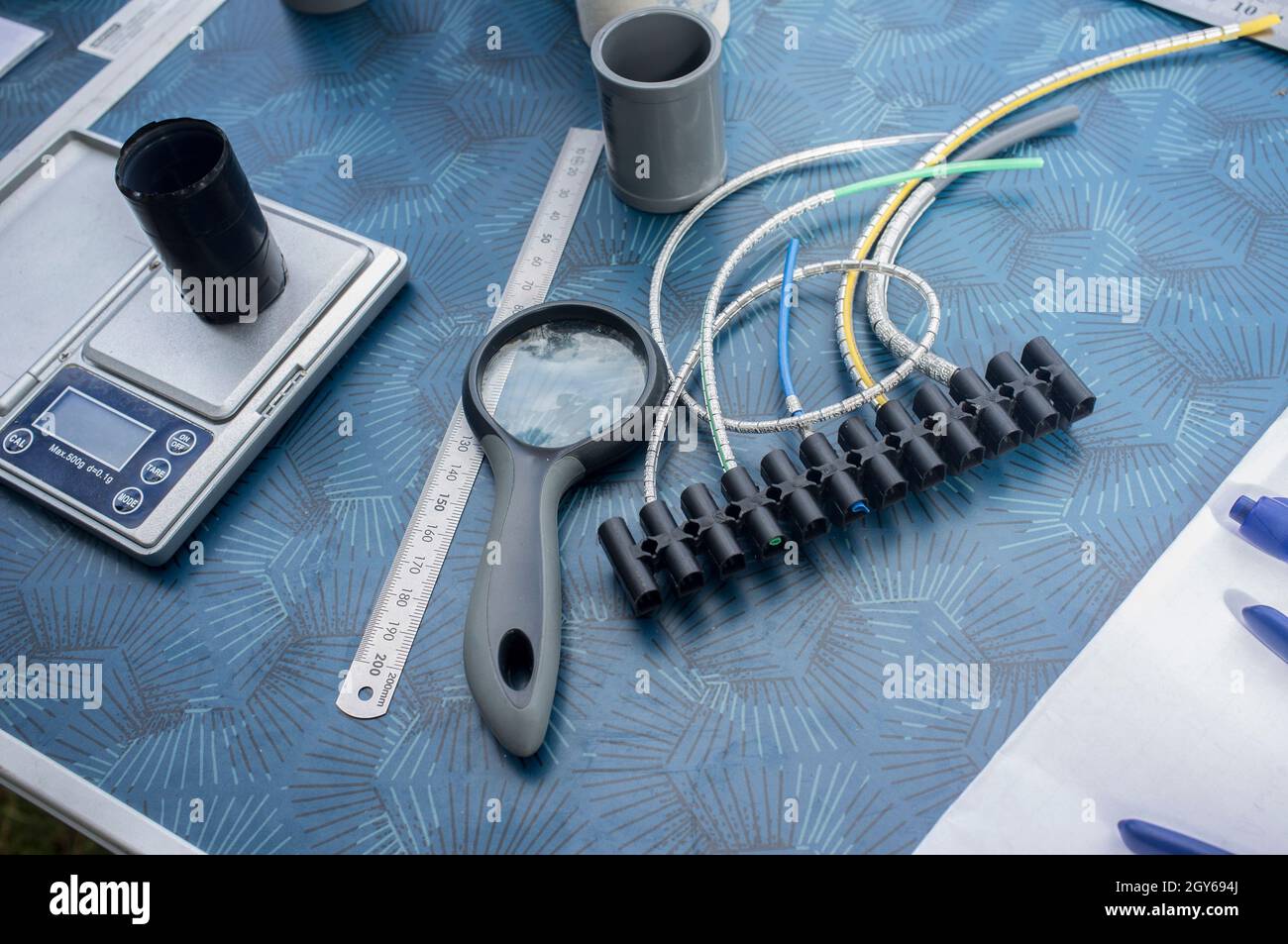 Bird ringing or bird banding equipment. Ruler, digital scale and ...